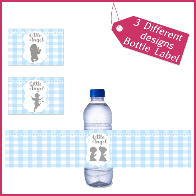 Baby bottle labels, gingham blue pattern, birthday decoration ...