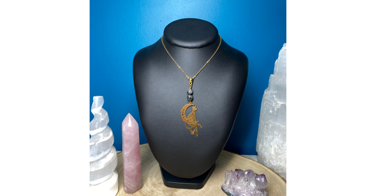 Collier Larvikite - Chat et Lune - Chaîne en Acier inoxydable -Or