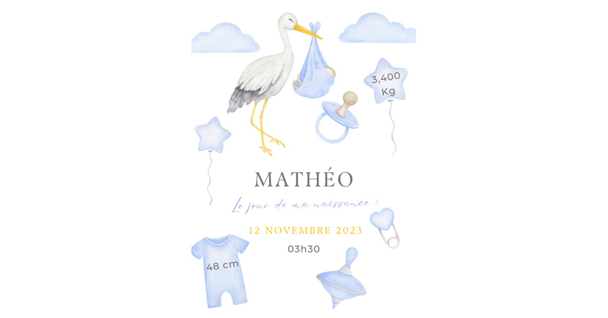 Affiche de naissance personnalisée Cigogne - Cadeaux de Naissance ...