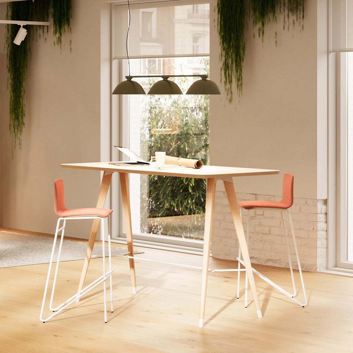 Table haute design scandinave | Plateau mélaminé et piètement bois