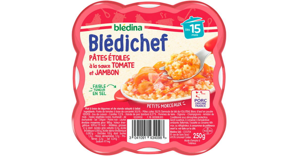 BLEDINA - BLEDICHEF PATES ETOILE SAUCE TOMATE ET JAMBON DES 15 MOIS L ...