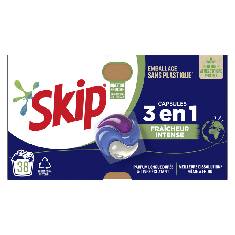 SKIP - LESSIVE CAPSULES 3 EN 1 FRAICHEUR INTENSE Boite de 38 capsules ...