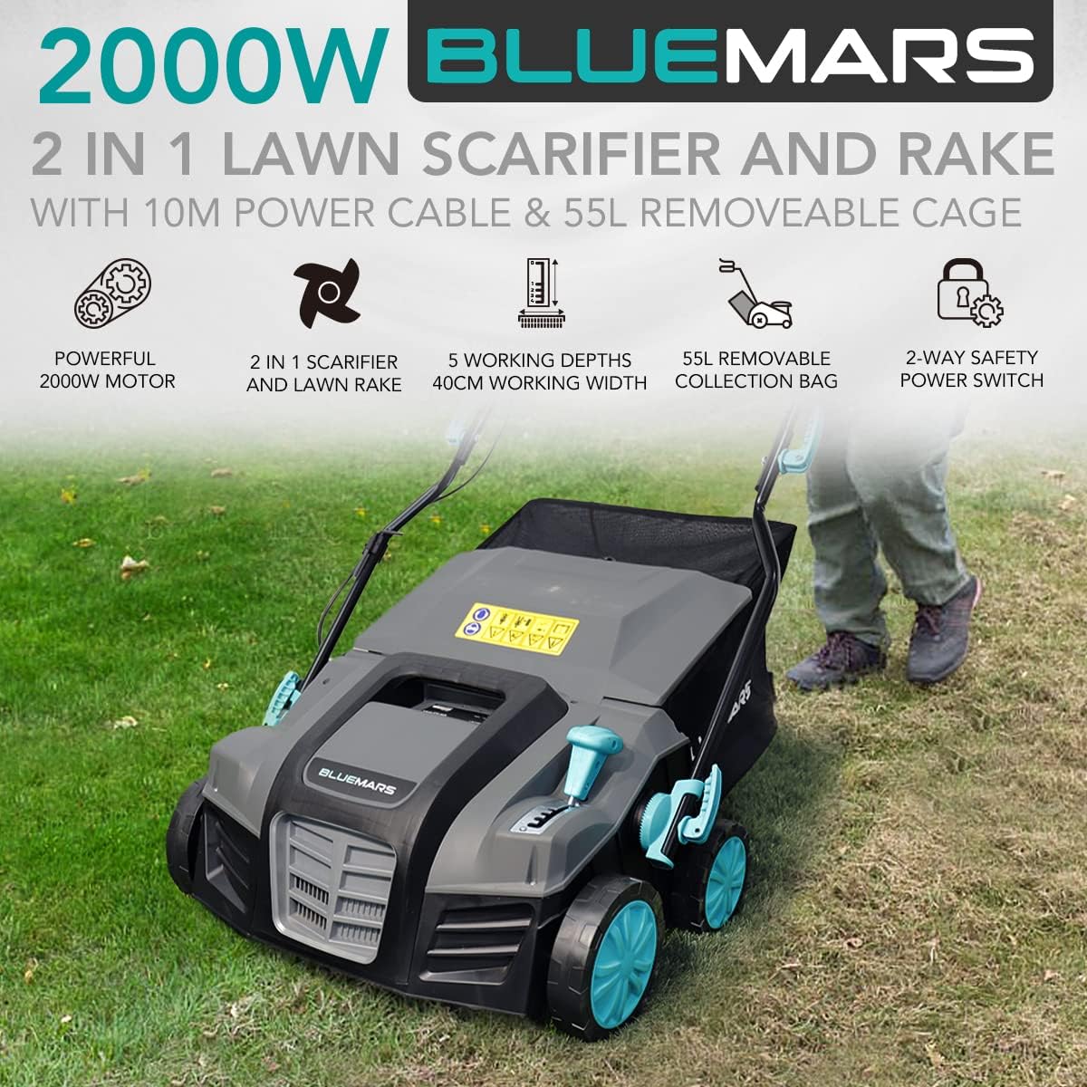 Bluemars Lawn Scarifier and Aerator,2000W Electric Lawn Rake