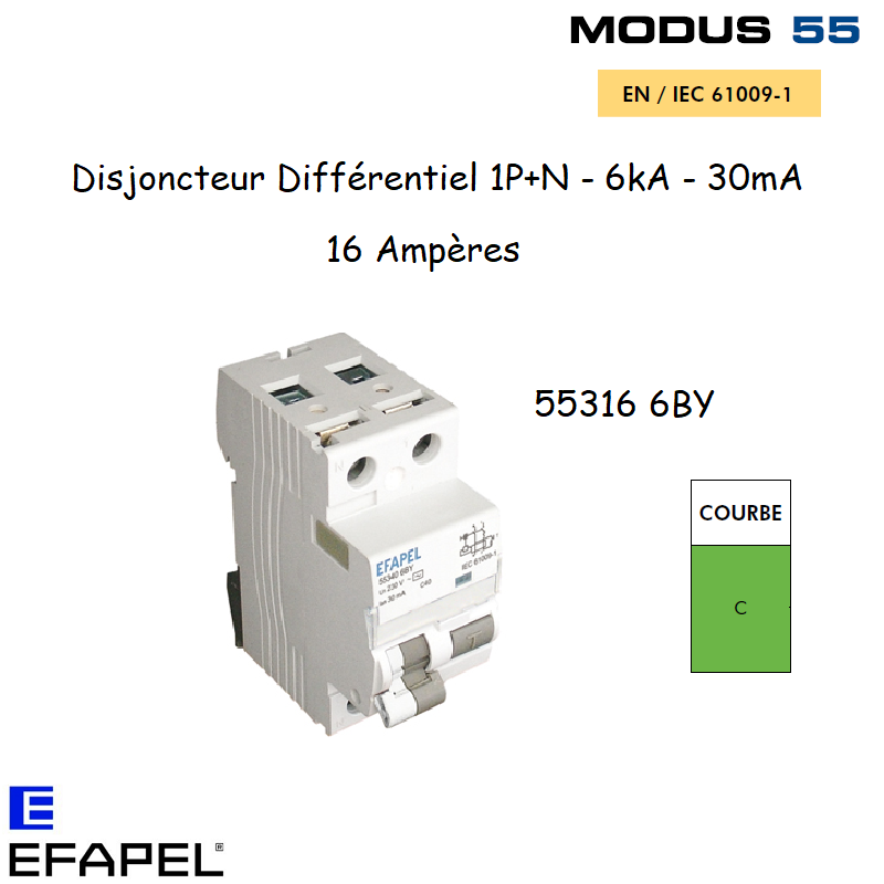 Disjoncteur Différentiel 1P+N - 6kA - 30mA - 16A - EFAPEL