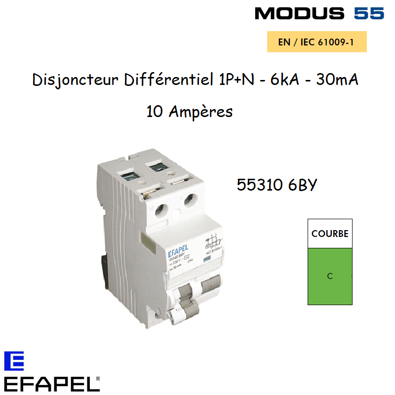 Disjoncteur Différentiel 1P+N - 6kA - 30mA - 10A - EFAPEL