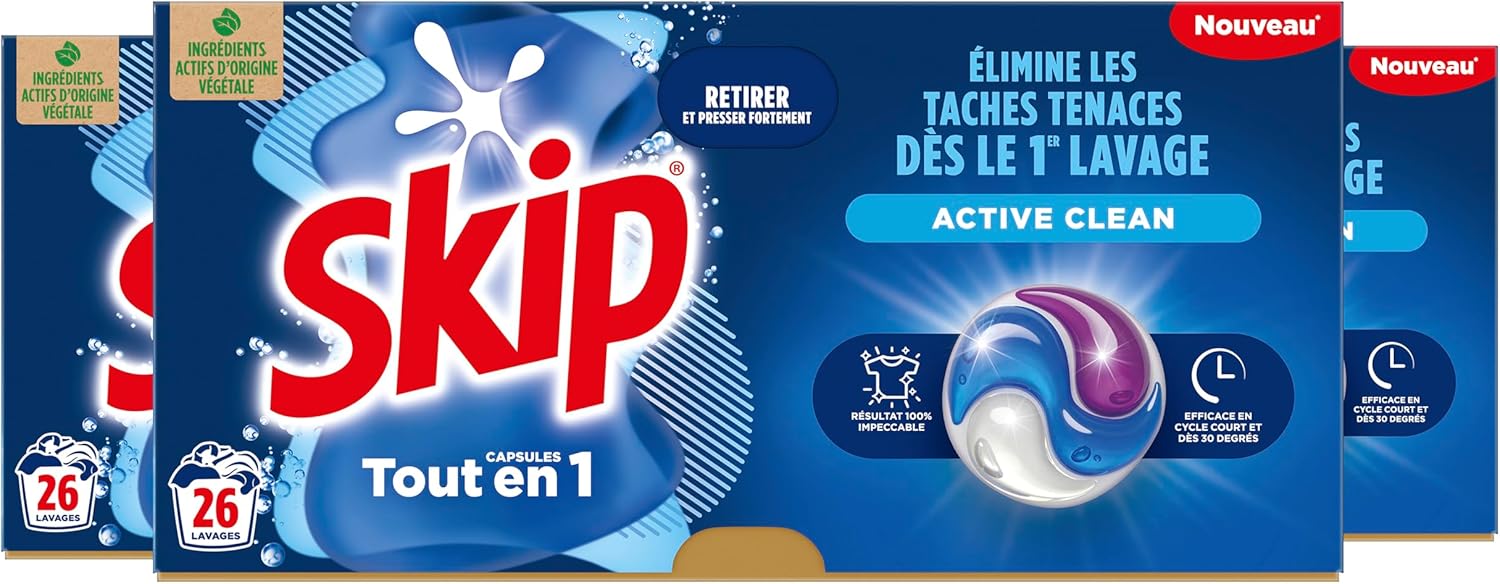 Lessive capsule Skip active clean 3 en 1 : Pack de 78 capsules