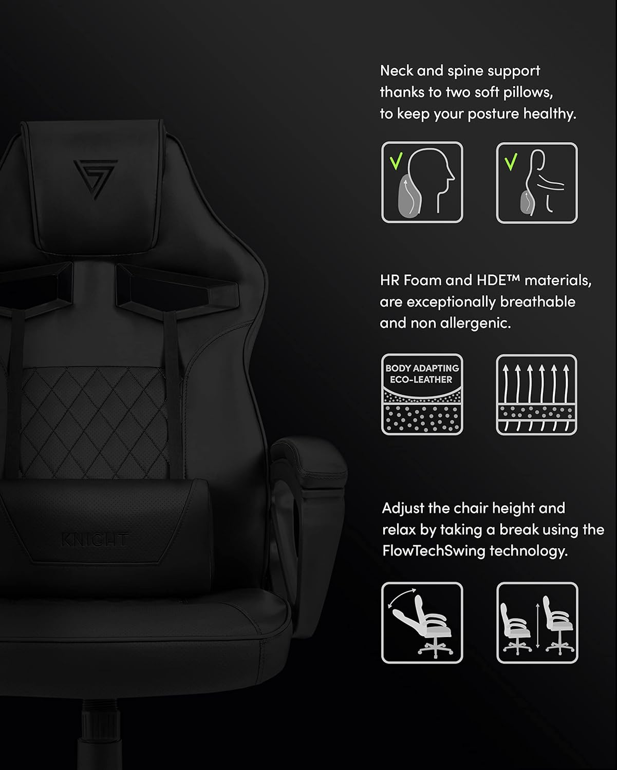 SENSE7 Knight Chaise Gaming - 40-49 x 69,5x60 Noire