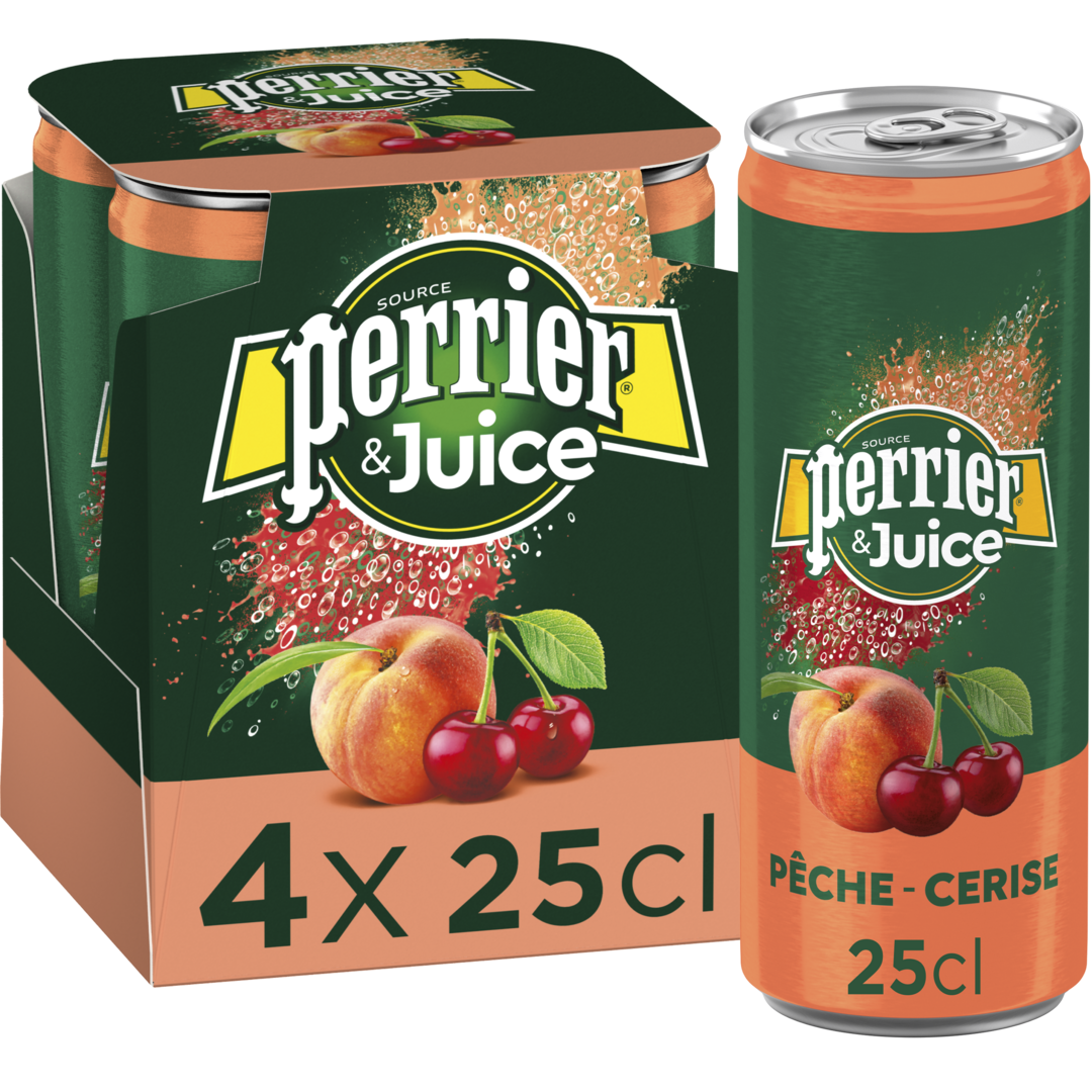 PERRIER - EAU GAZEUSE AROMATISÉE PÊCHE CERISE Pack de 4 canettes de ...