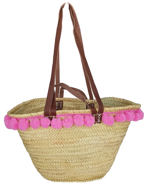 GRAND PANIER DOUBLE ANSES POMPONS ROSES