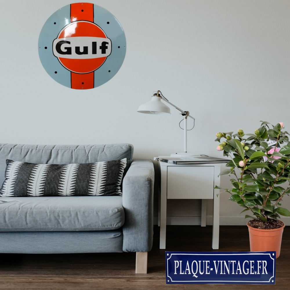 Plaque émaillée Gulf ronde - Déco vintage pour fans de garage