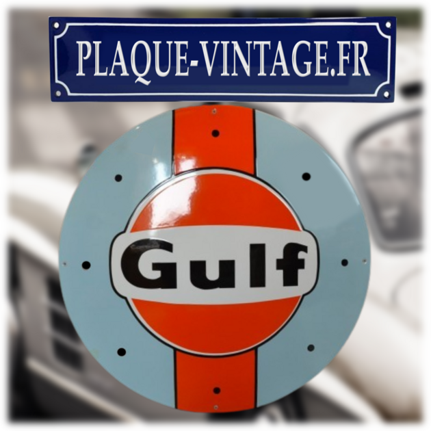 Plaque émaillée Gulf ronde - Déco vintage pour fans de garage