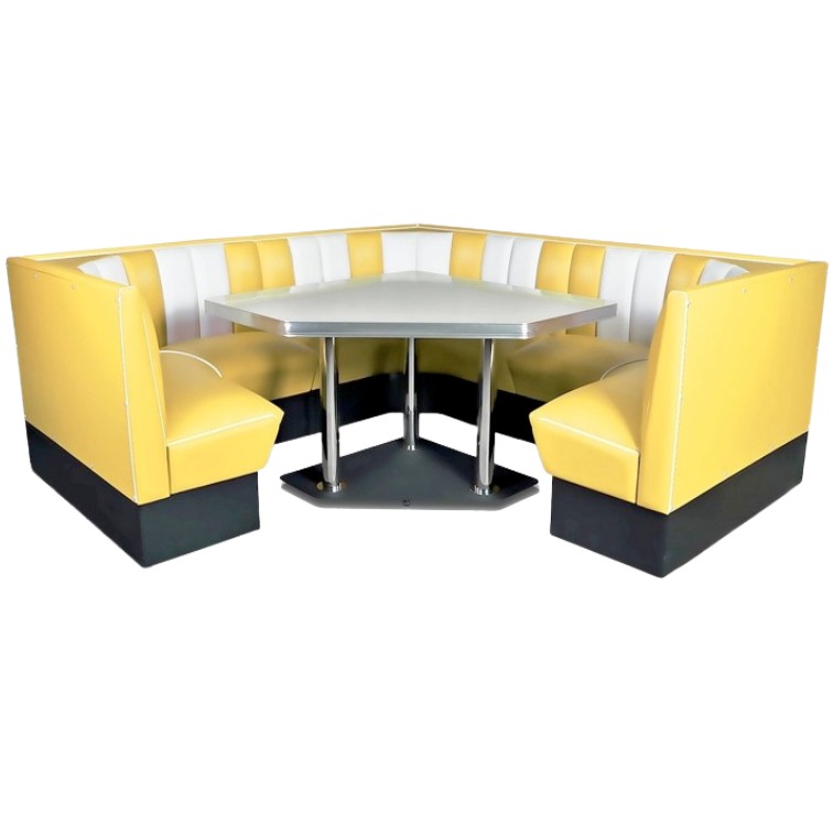 Coin repas d'angle circulaire, banquettes vinyle et table formica