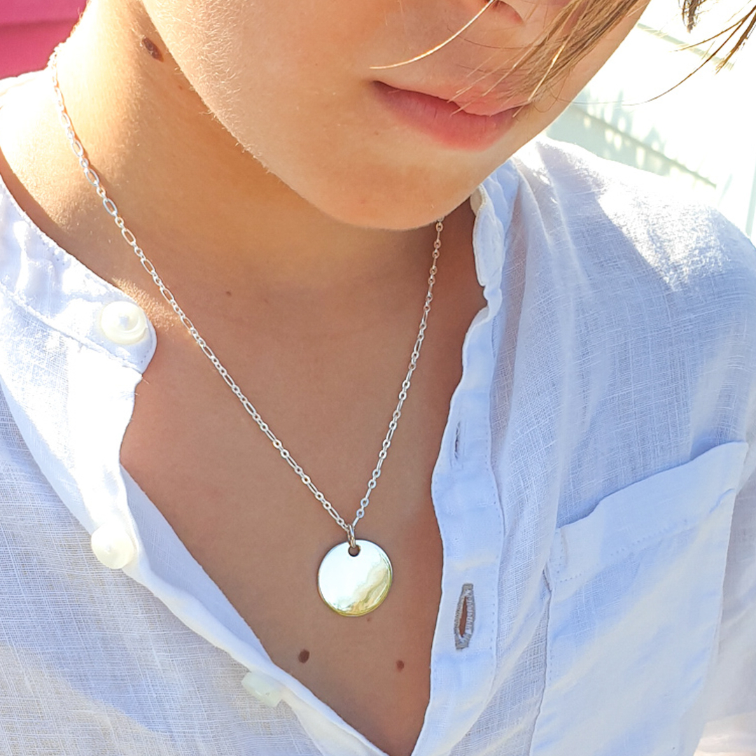 Collier garçon personnalisé médaille plate argent ou plaqué or