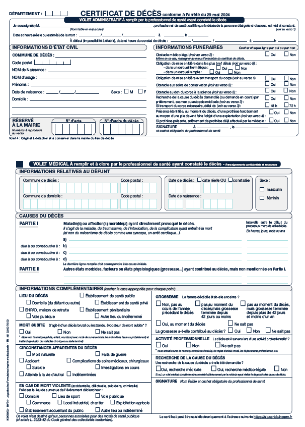 Certificat de décès - Modèle 2025 - Formulaires et registres ...