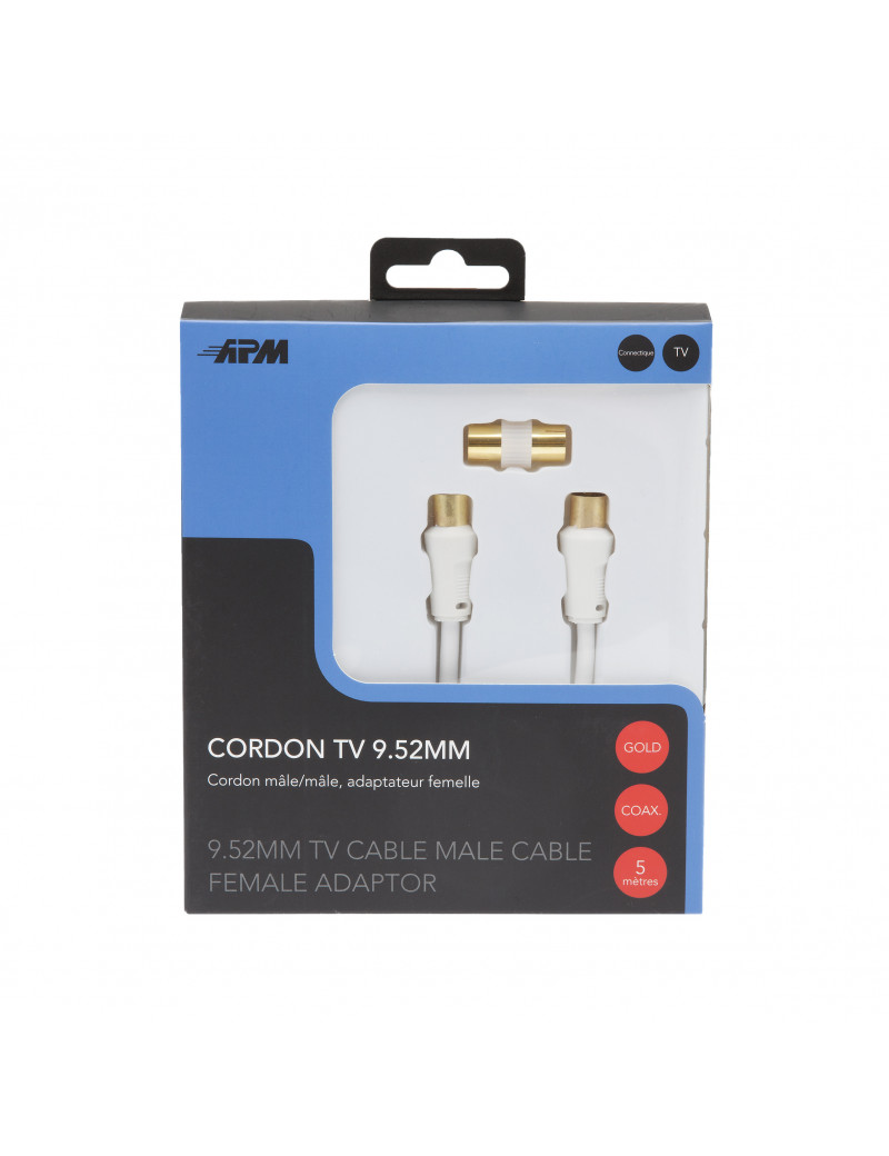 Câble TV APM Mâle Mâle 9,52mm Blanc 5m avec adaptateur - infinytech-reunion