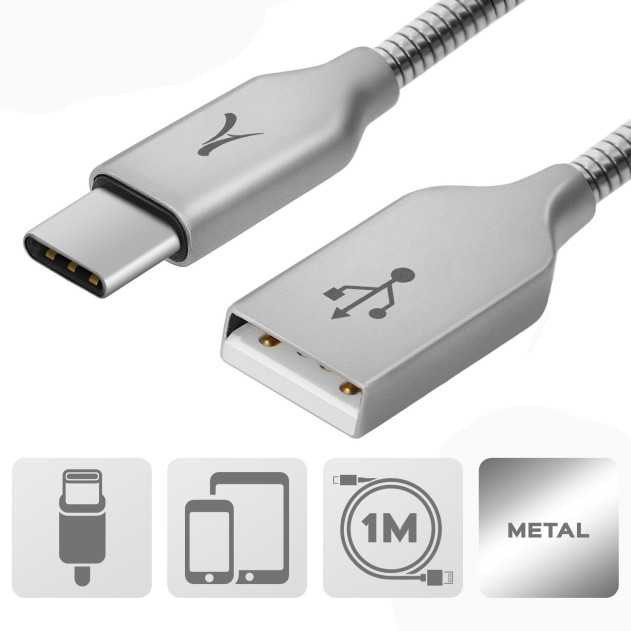 Câble incassable AKASHI USB vers USB-C 1m Argent - infinytech-reunion