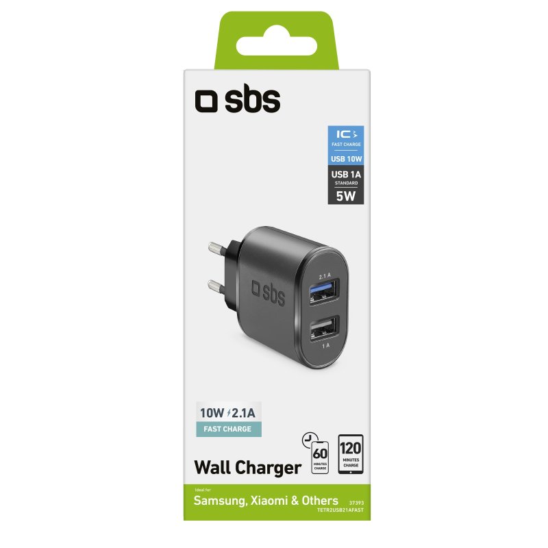 Chargeur secteur SBS Fast Charge 2 ports USB Noir - infinytech-reunion
