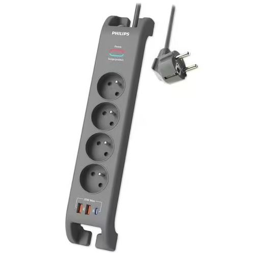 Rallonge multiprises PHILIPS 4 prises 2m + USB Noire - infinytech-reunion