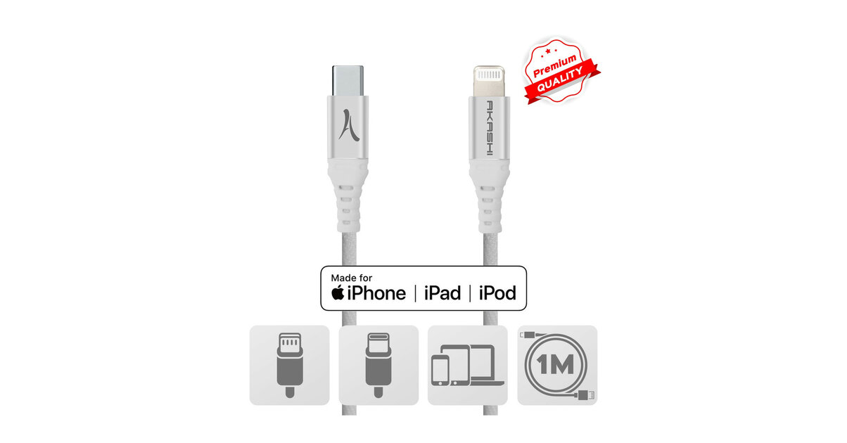 Câble tressé AKASHI USB-C vers MFI Lightning 1m Blanc - infinytech-reunion