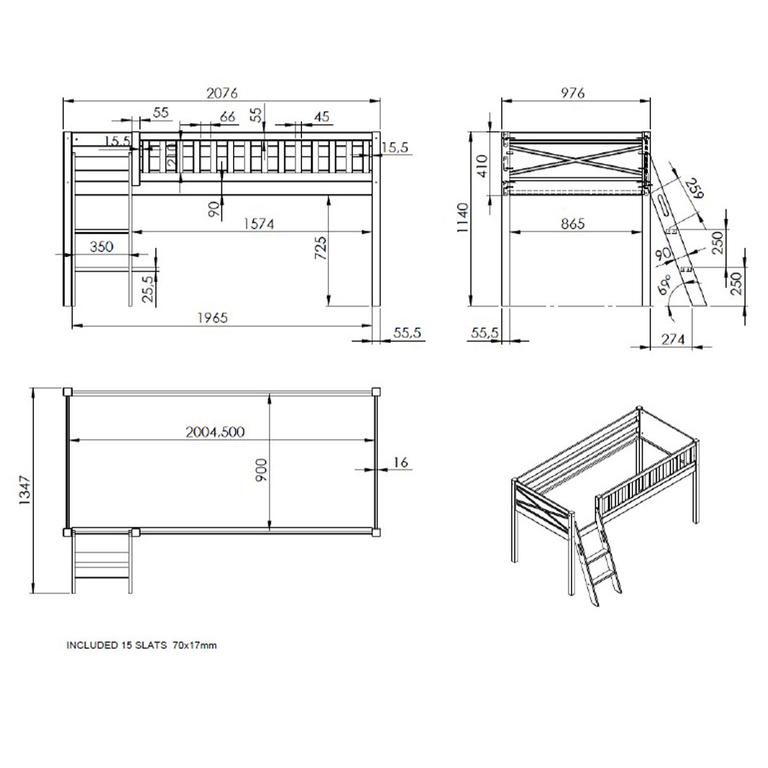 Lit mi-hauteur 90x200 sommier inclus et housse Dino Vipack Scott Blanc ...