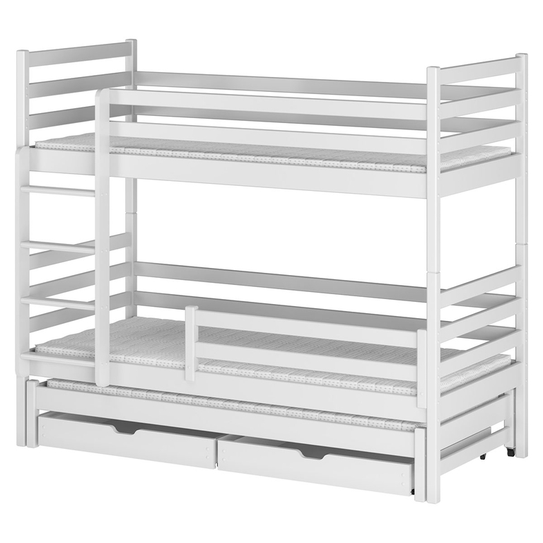 Lit superposé 90x200 sommier lit gigogne et tiroirs inclus Léo - Blanc ...