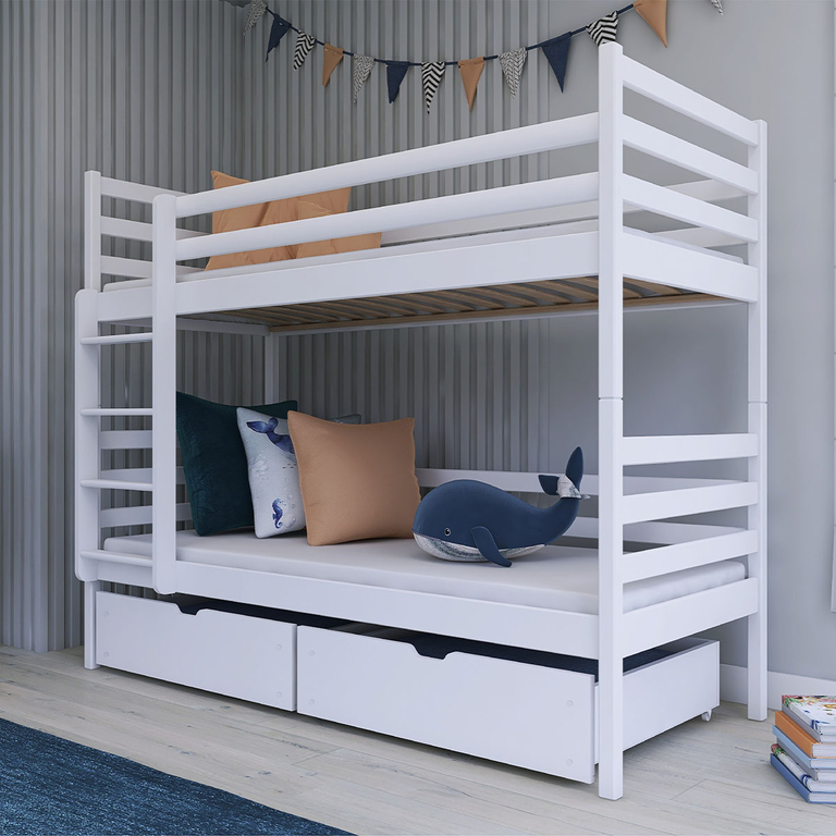 Lit superposé 90x200 sommier et tiroirs inclus Léo - Blanc - Lits/Lit ...