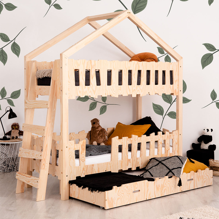 Lit Cabane Superposé 90x200 échelle à Gauche Sommier Et Tiroir Inclus