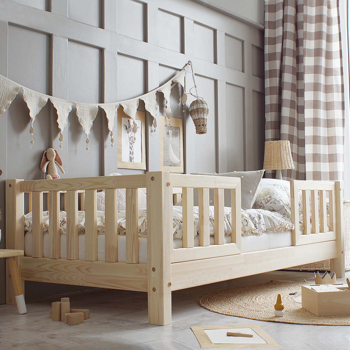 Lit 90x200 barrière et sommier inclus pieds 10 cm Adèle - Bois - Lits ...