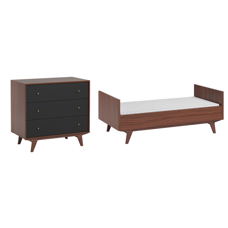 Lit évolutif 70x140 et commode 3 tiroirs Vox Mid - Noir et bois - Packs ...