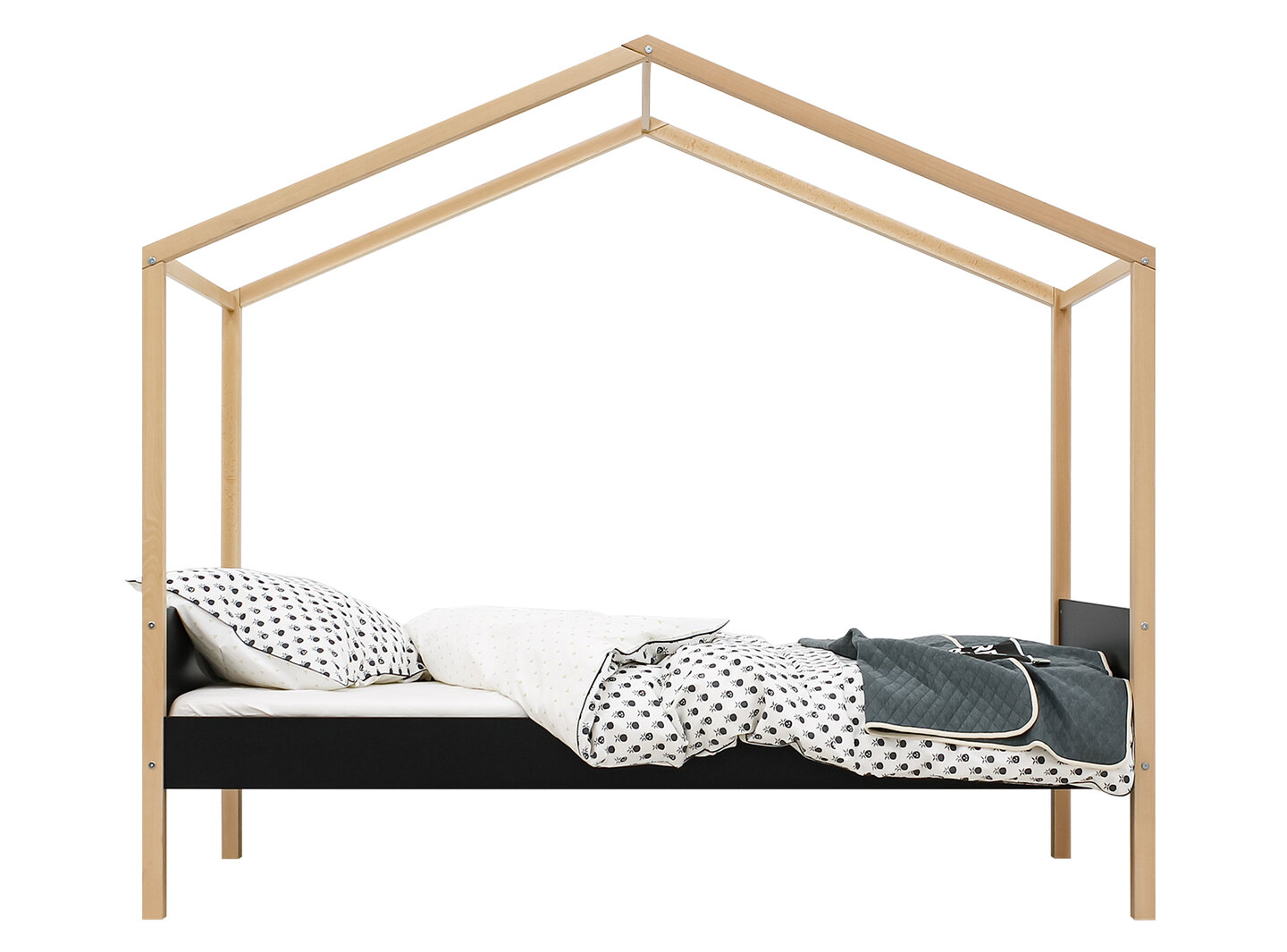 Lit cabane 90x200 sommier inclus Bopita Liam - Noir mat et Bois - Lits ...
