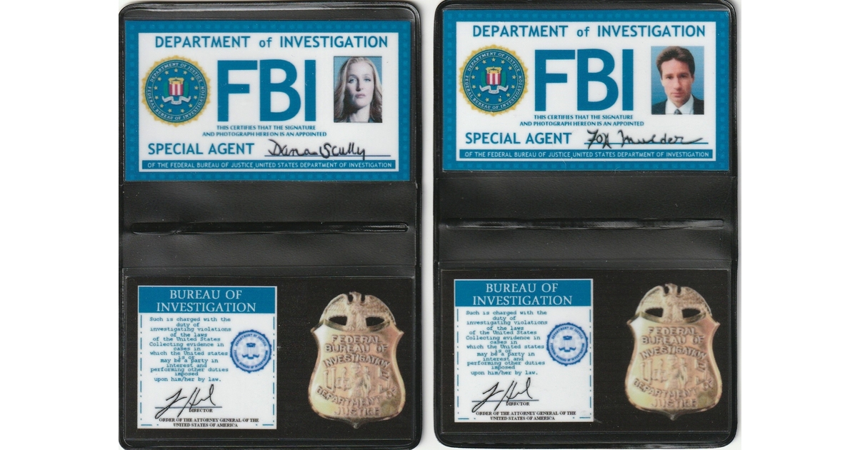 X-Files Lot Badges FBI Mulder et Scully-Répliques/Cartes/billets