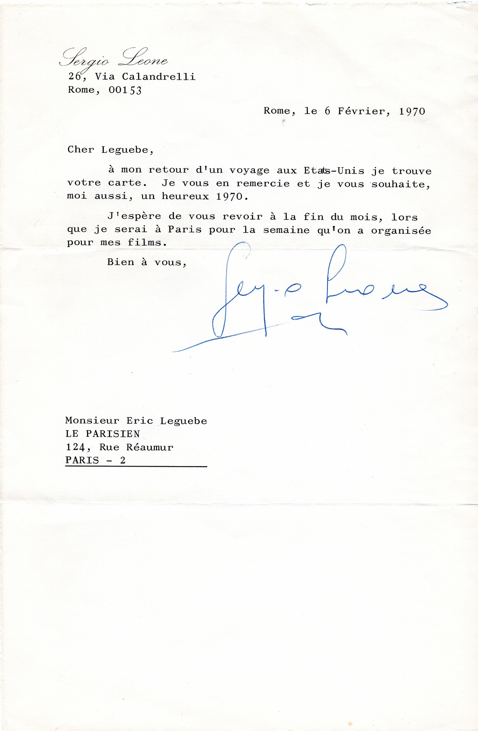 Sergio LEONE - Lettre dactylographiée signée (Rome 6 février 1970)