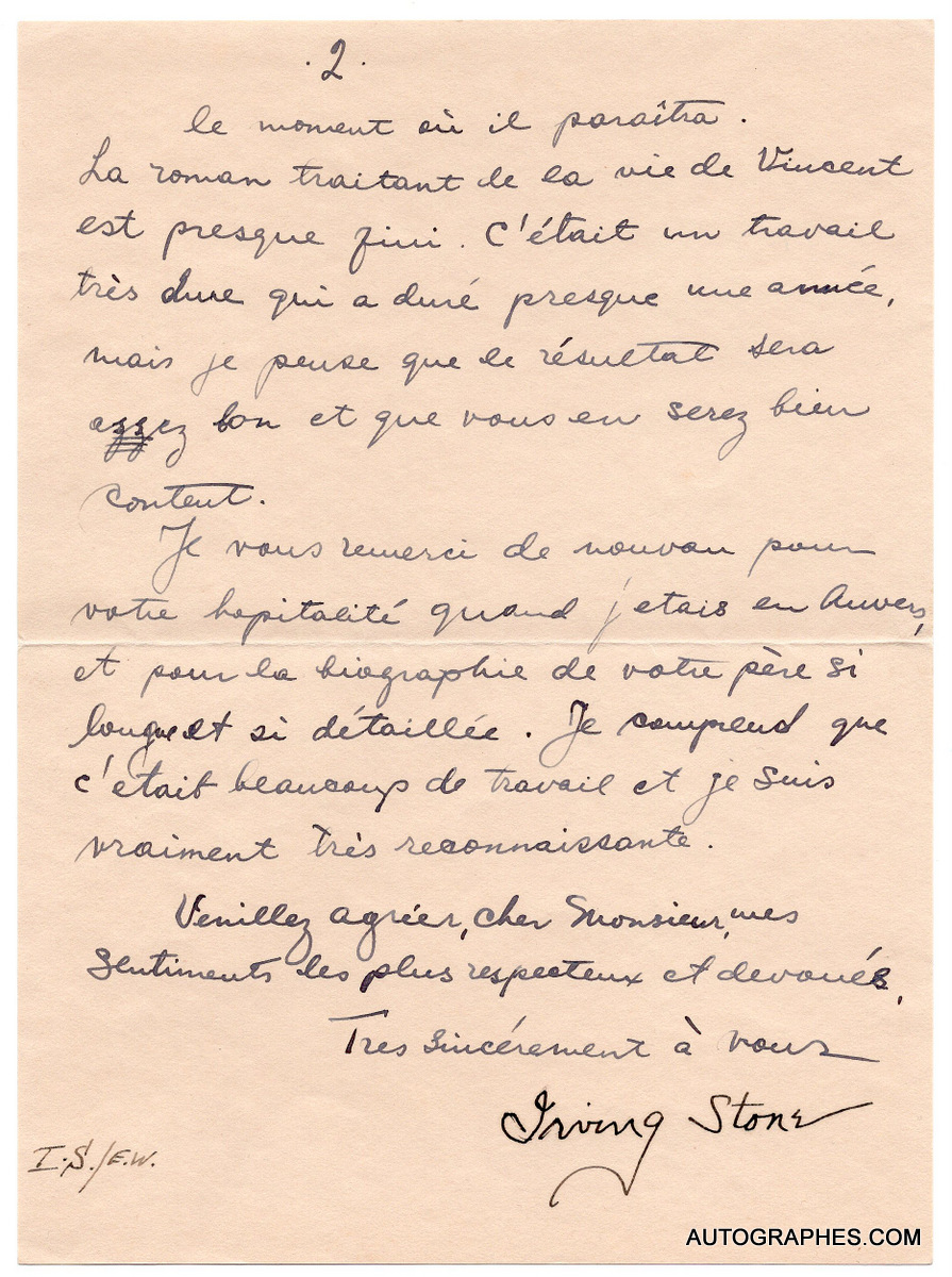 [Vincent VAN GOGH] Irving STONE - Lettre autographe signée à Paul Louis ...