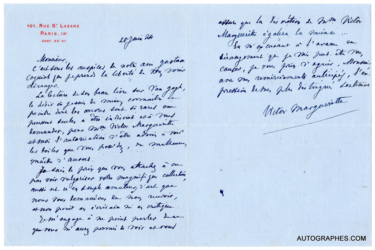 [Vincent VAN GOGH] Victor MARGUERITTE - Lettre autographe signée (1924)