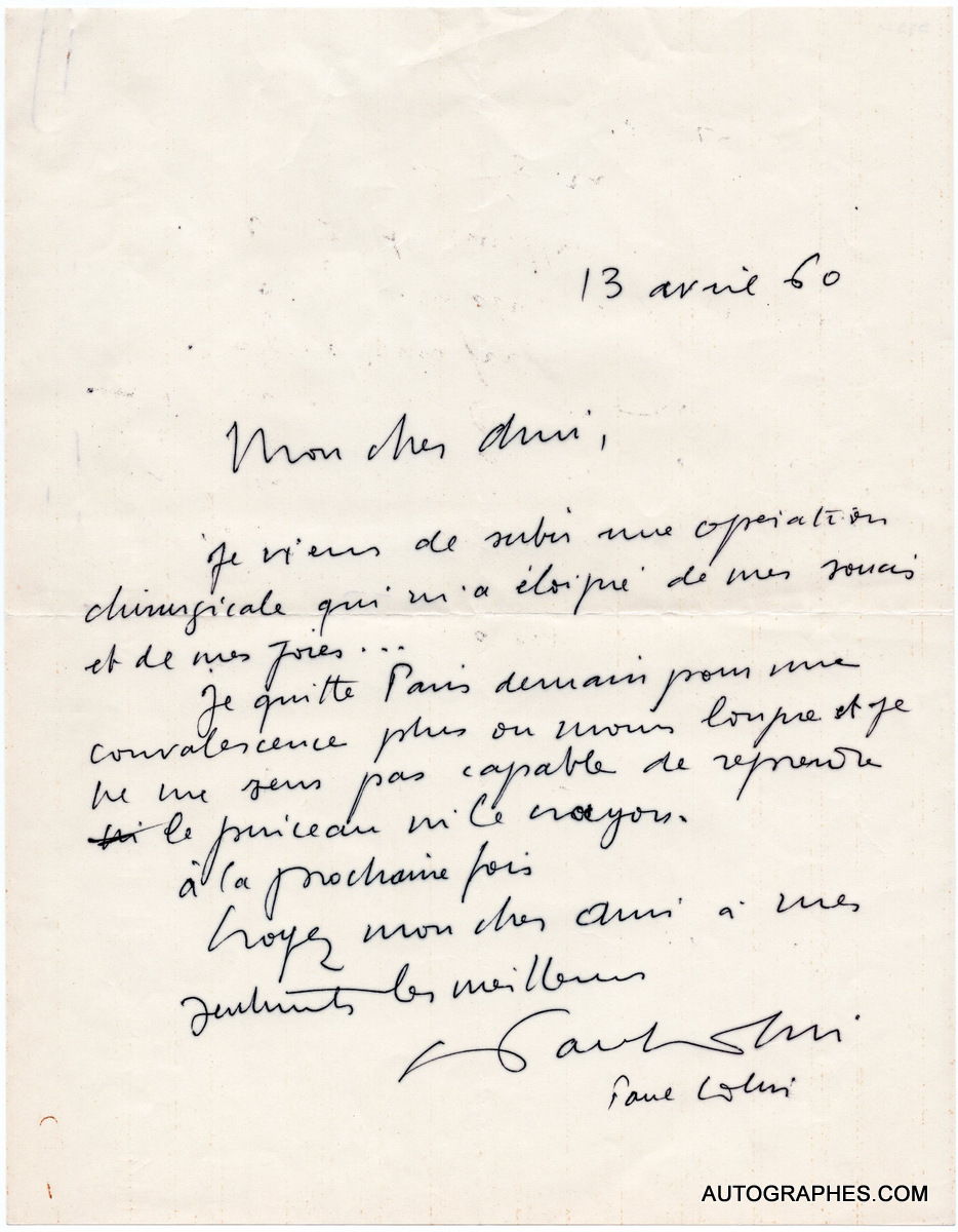 Paul COLIN - Lettre autographe signée (13 avril 1960)