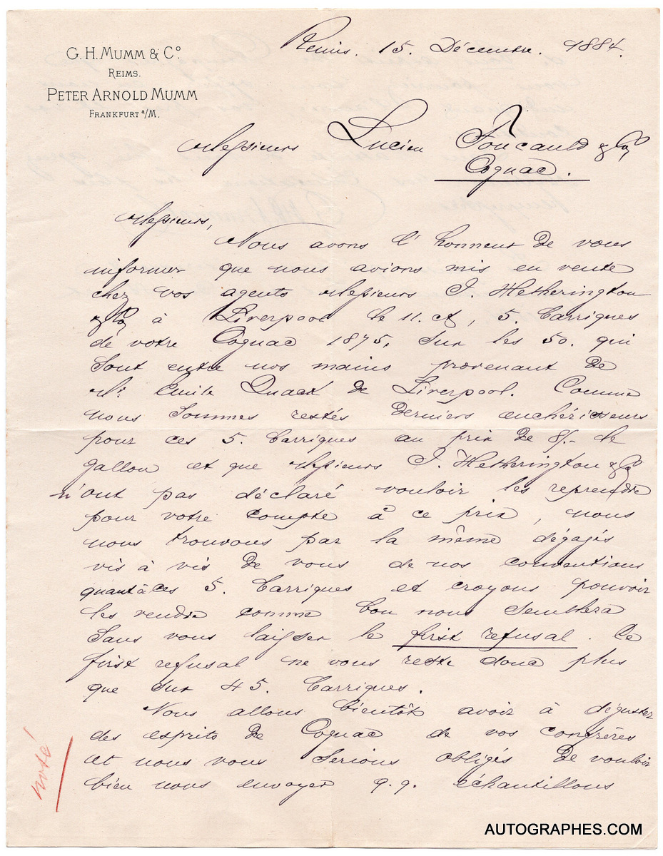 Nos autographes de Georges Hermann MUMM en vente