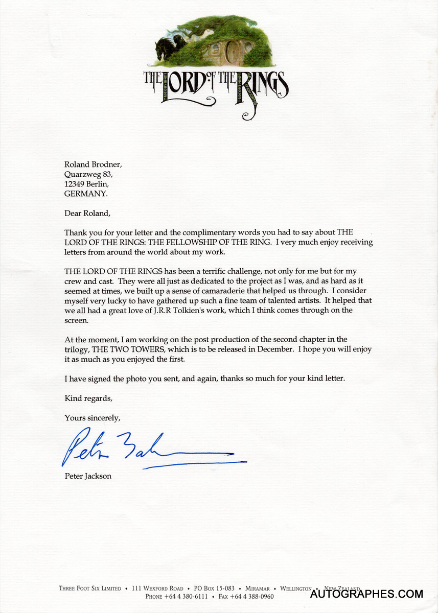 Peter JACKSON - Lettre dactylographiée signée à propos du Seigneur des ...