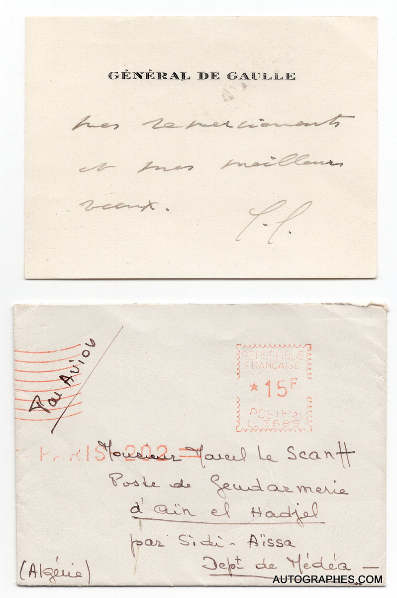 Charles de GAULLE - Carte autographe signée de ses initiales ...