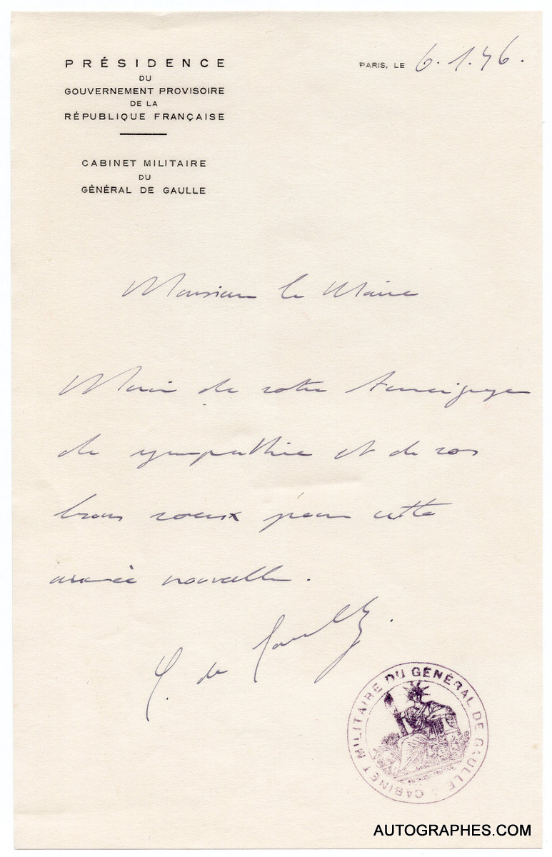 Charles de GAULLE - Lettre autographe signée (6 janvier 1946)