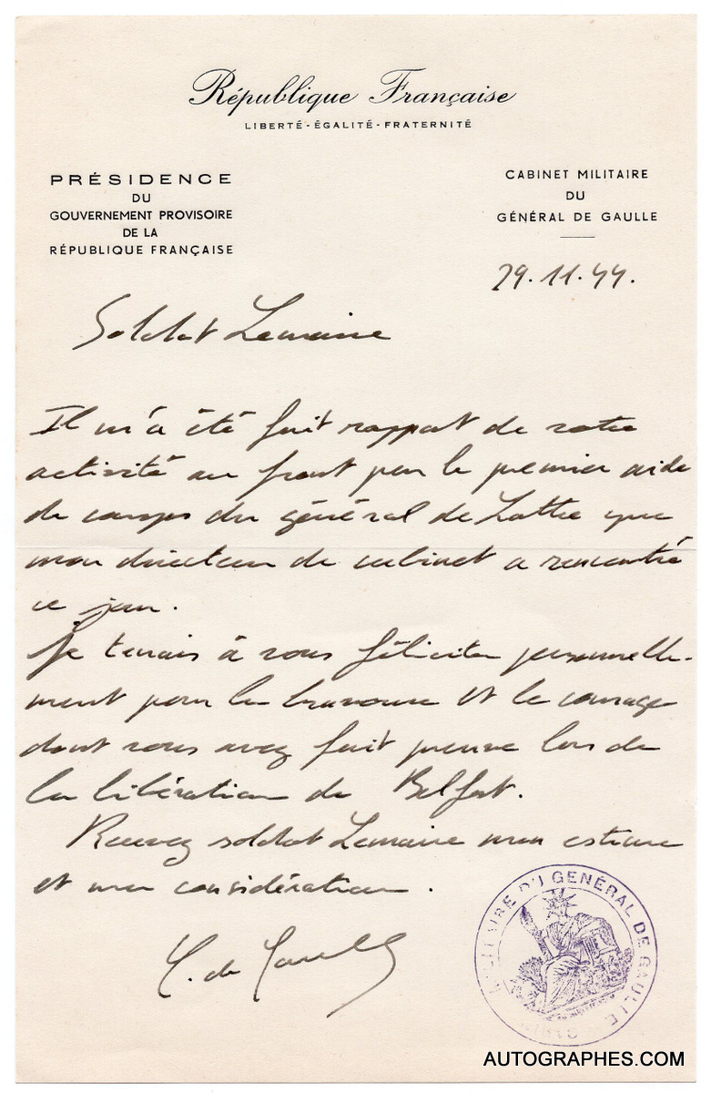 Charles de GAULLE - Lettre autographe signée (29 novembre 1944)