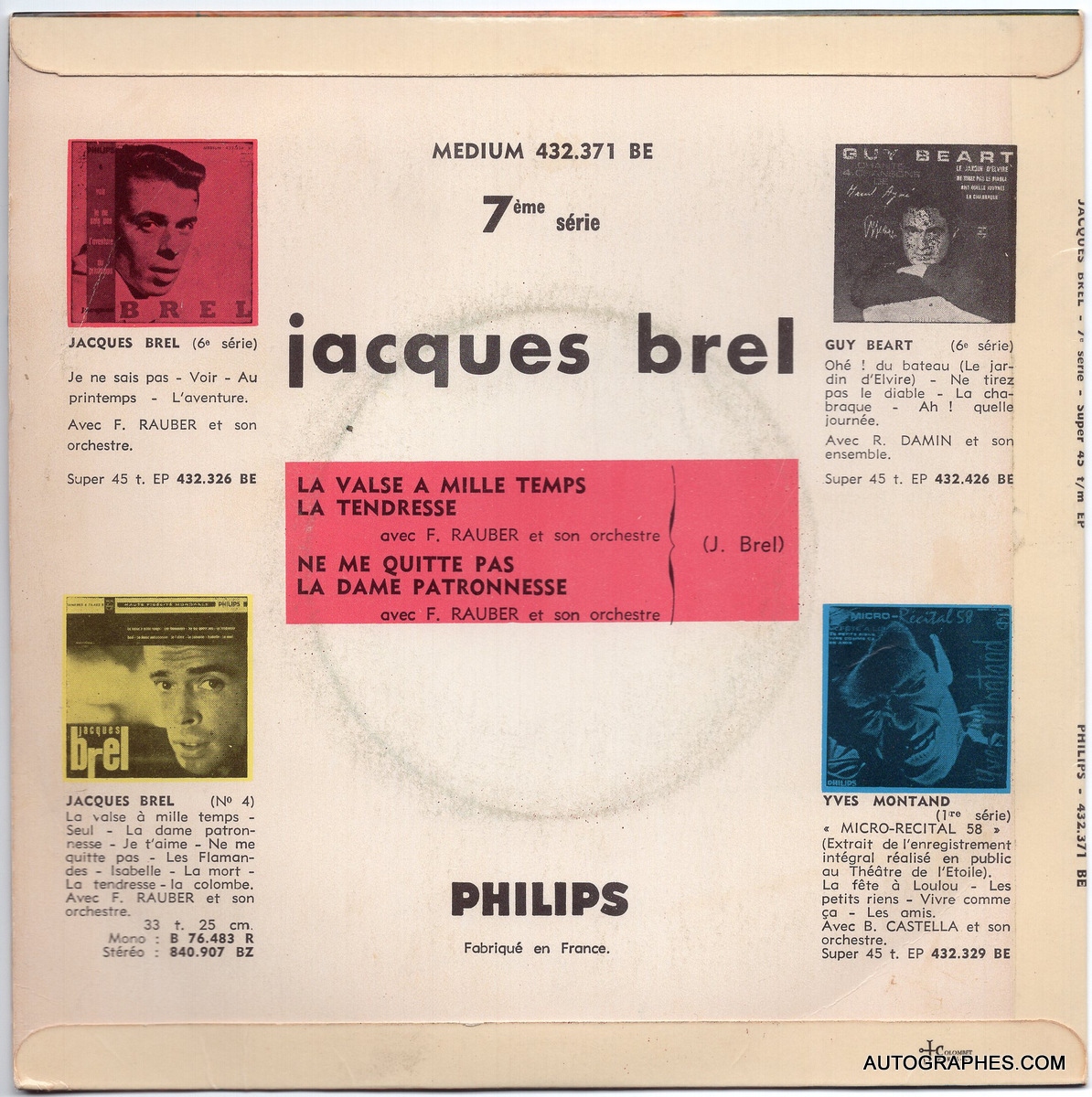 Jacques BREL - Signature autographe sur pochette Super 45 tours La ...