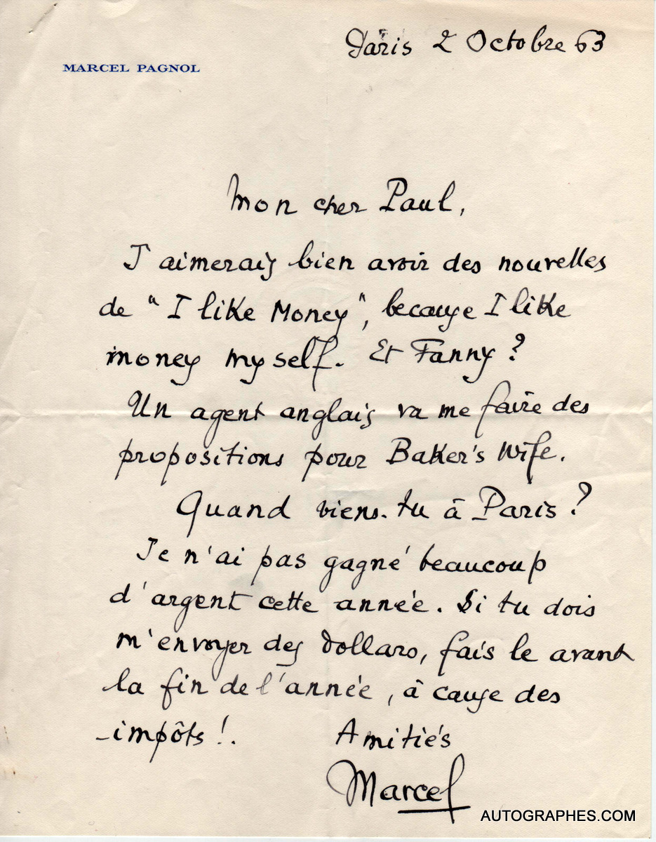Marcel PAGNOL - Lettre autographe signée adressée à son agent américain ...