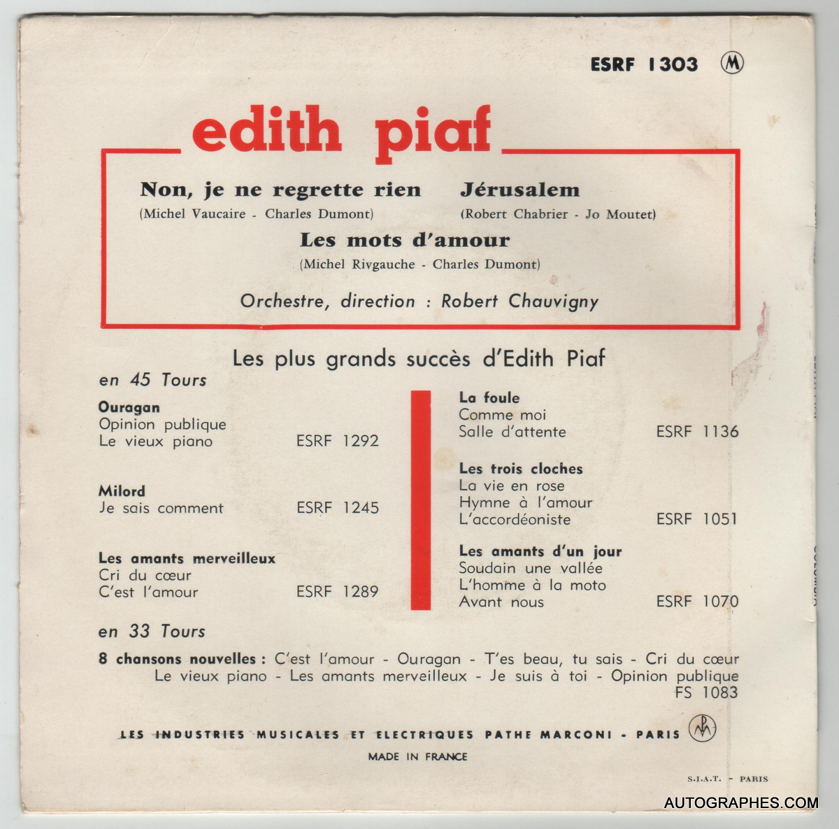 Édith PIAF - Signature autographe sur pochette du disque 45 tours Non ...