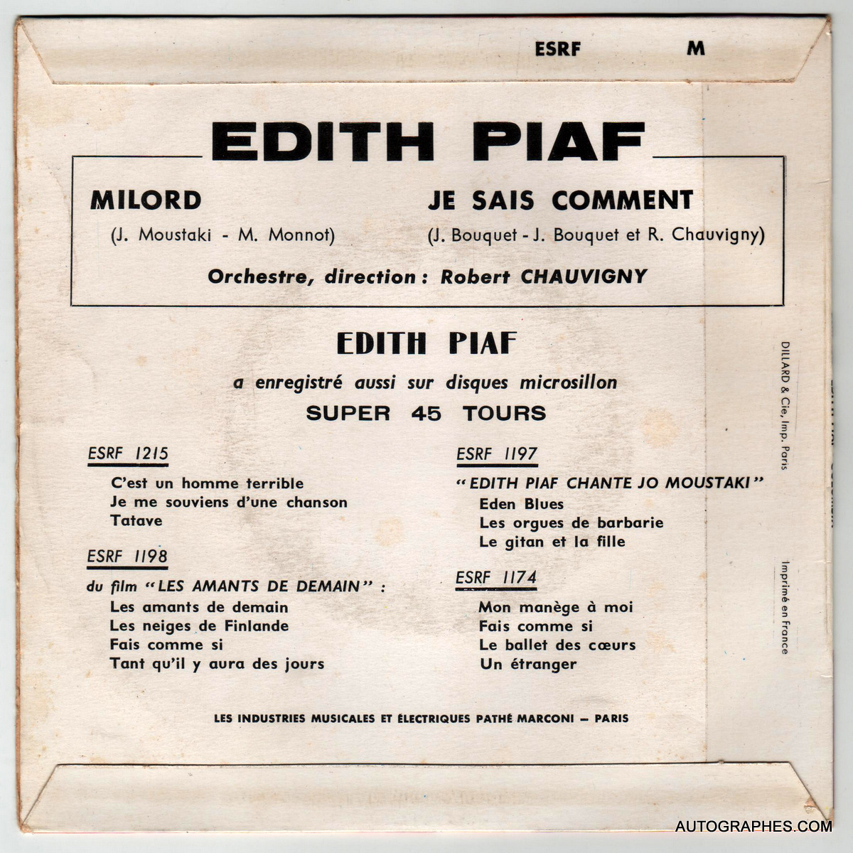 Édith PIAF - Signature autographe sur pochette disque 45 tours Milord ...