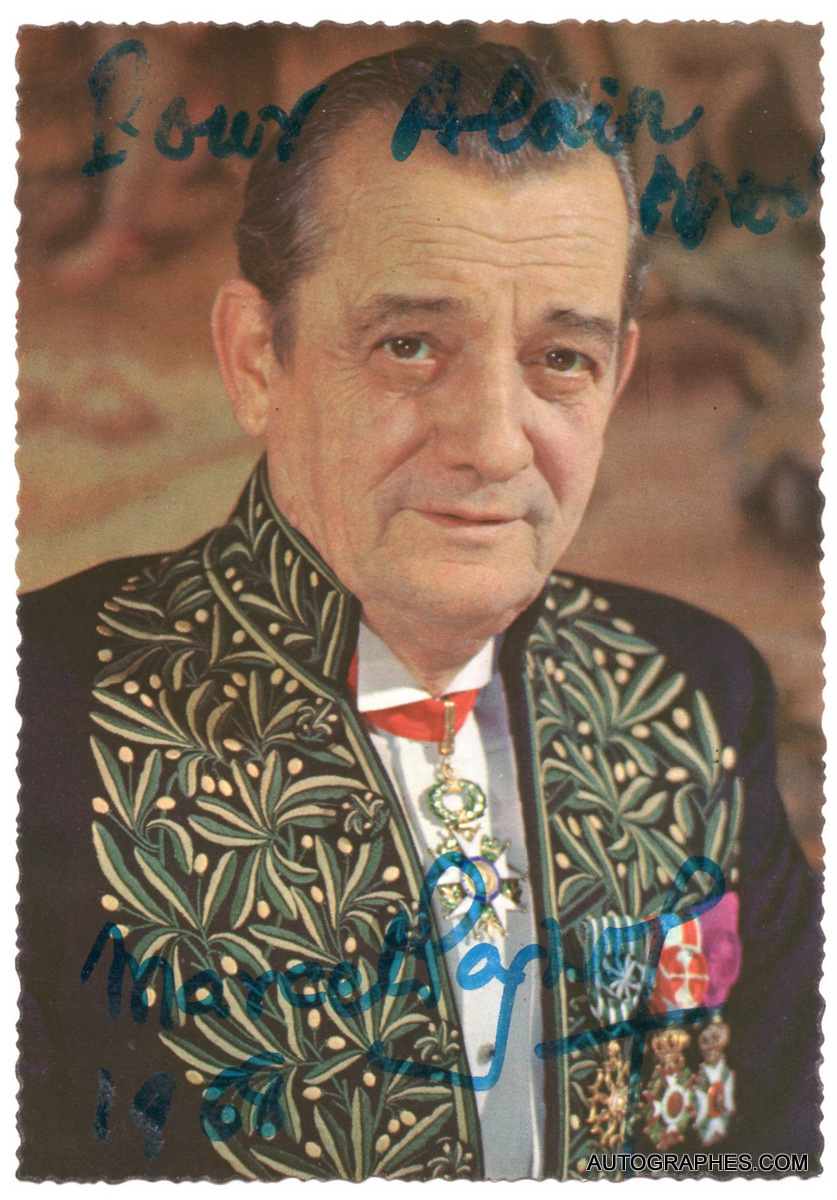 Marcel PAGNOL - Carte photographique dédicacée au recto et au verso (1968)