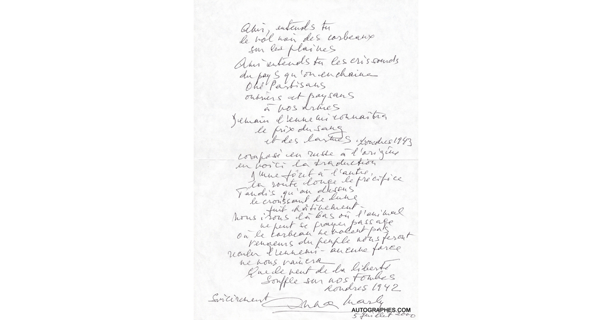 Anna MARLY - Manuscrit du "Chant des partisans" (juillet 2000)