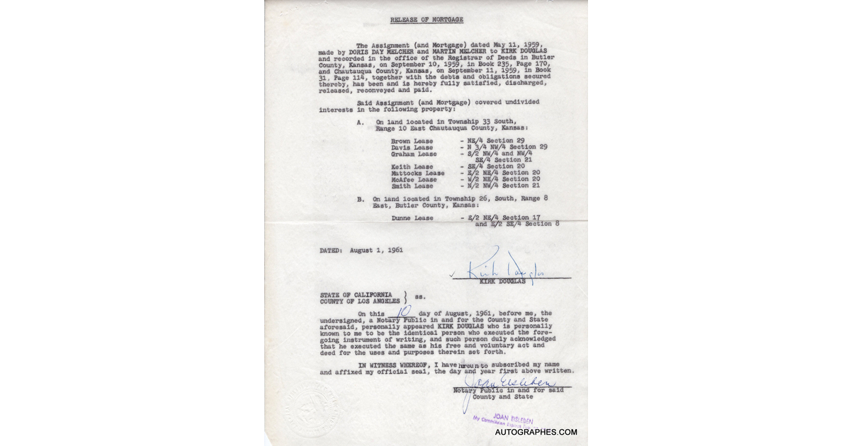 Kirk DOUGLAS - Acte notarié signé (1961)