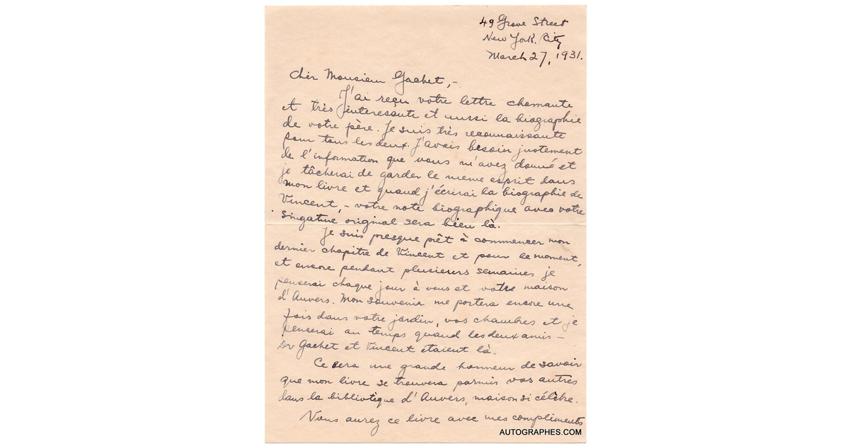 [Vincent VAN GOGH] Irving STONE - Lettre autographe signée à Paul Louis ...