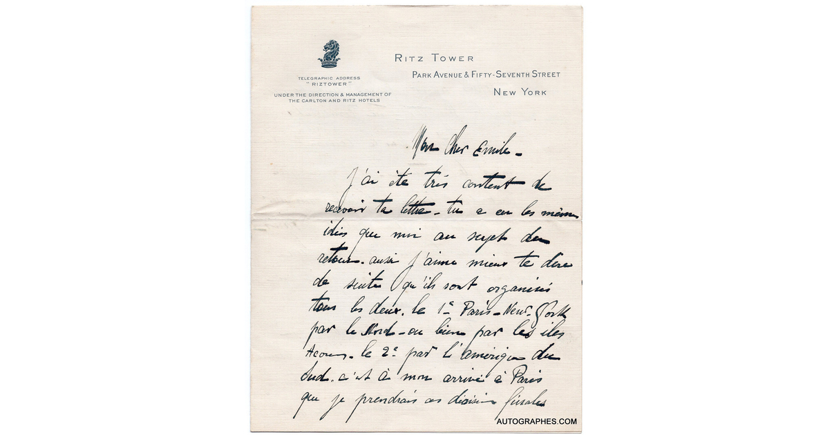 René FONCK - Lettre autographe signée de l'As des As (New York - 6 août ...