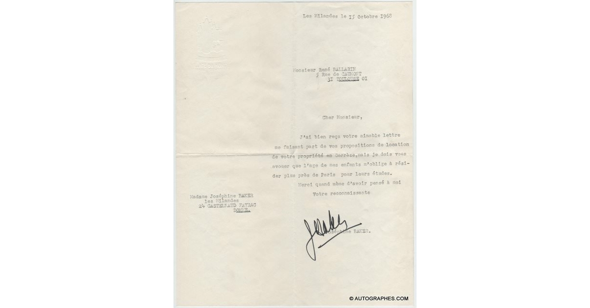 Joséphine BAKER - Lettre dactylographiée signée (Les Milandes / 1968 ...